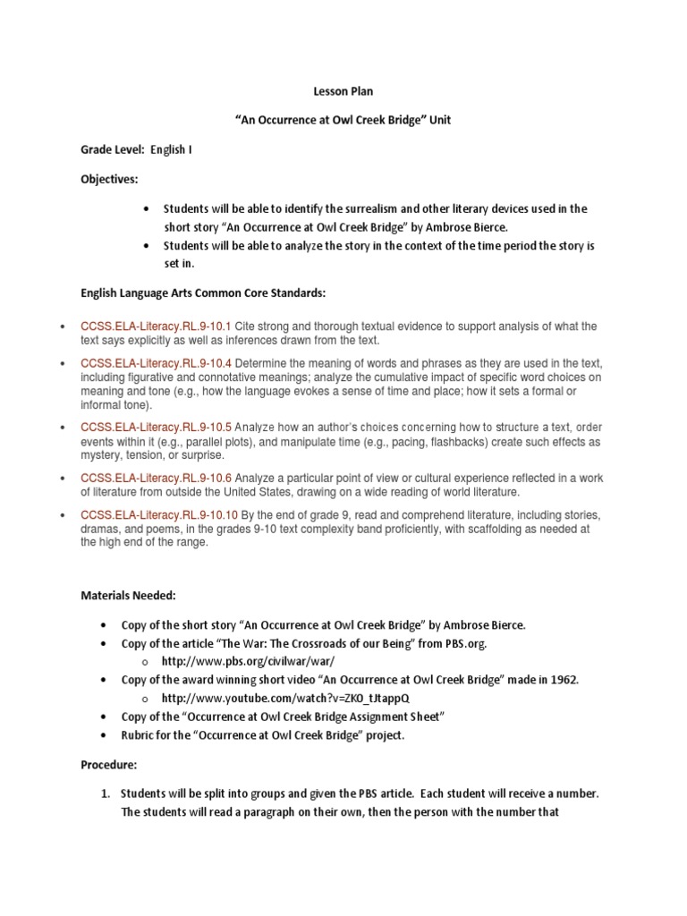 Lesson Plan for Owl Creek Bridge Unit | PDF | Lesson Plan | English ...