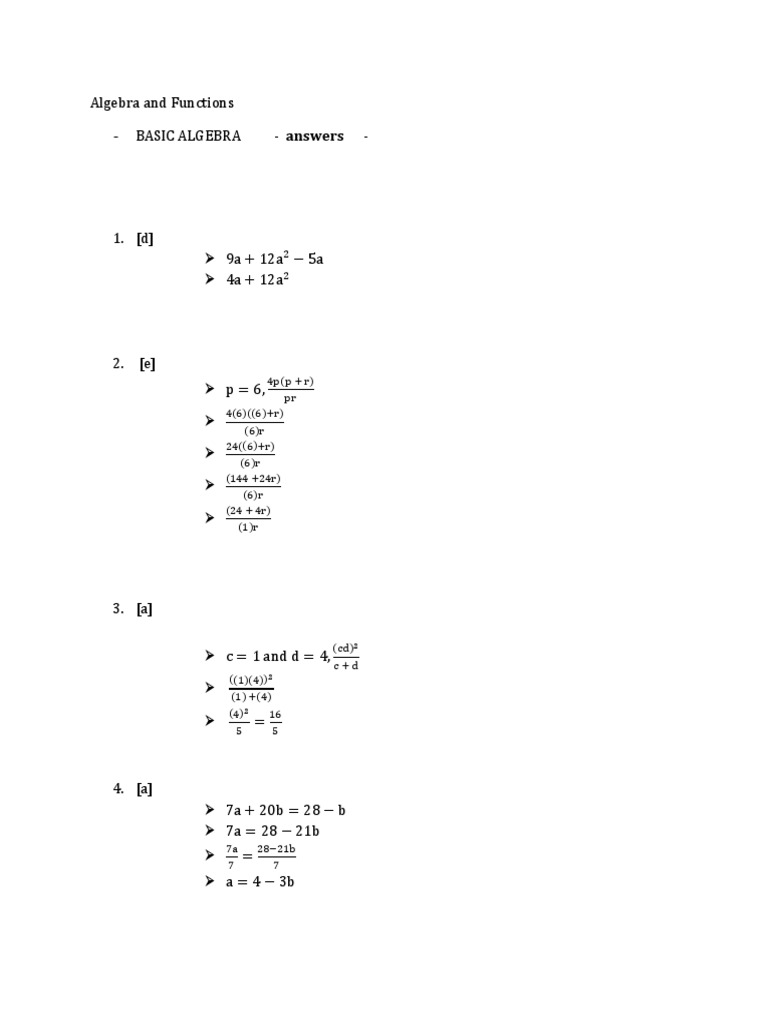 Algebra And Functions Basic Algebra Answers PDF