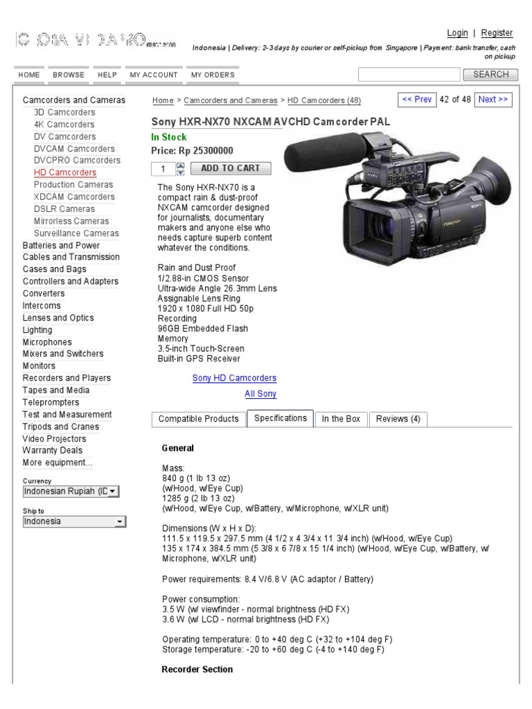 Sony Hxr-nx70 (Hxr-Nx70e, Hxr-nx70p) Nxcam Avchd Rain Dust Proof ...