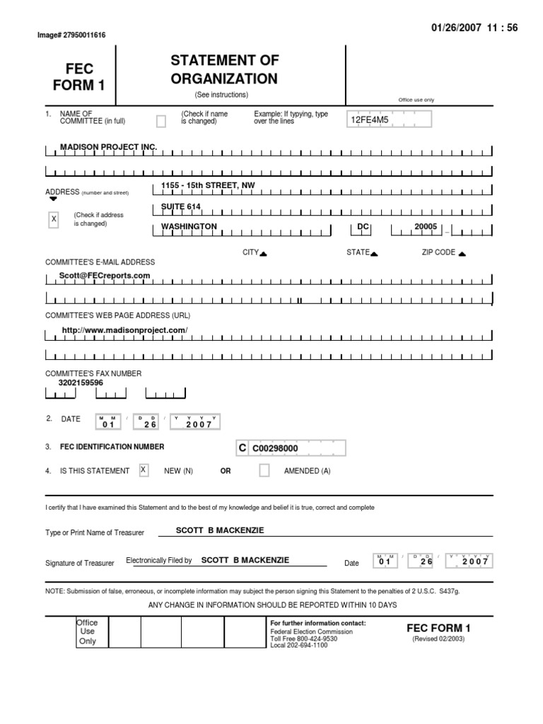 Statement of FEC Organization Form 1: Image# 27950011616 | PDF | Zip ...