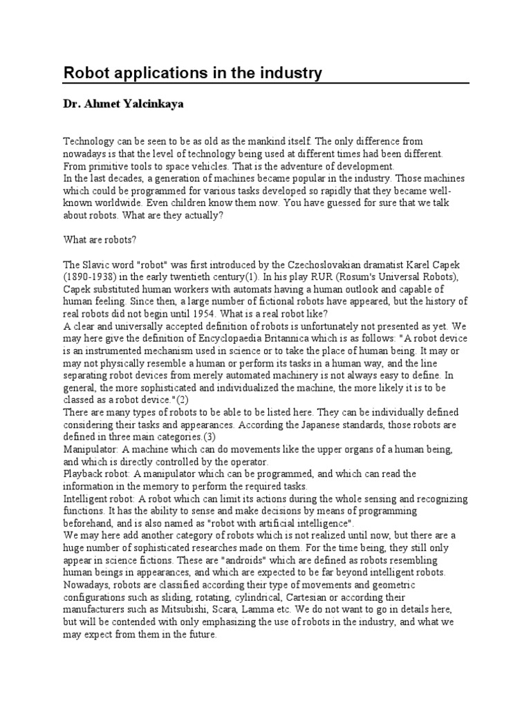 Robot Applications In The Industry Pdf Robot Robotics