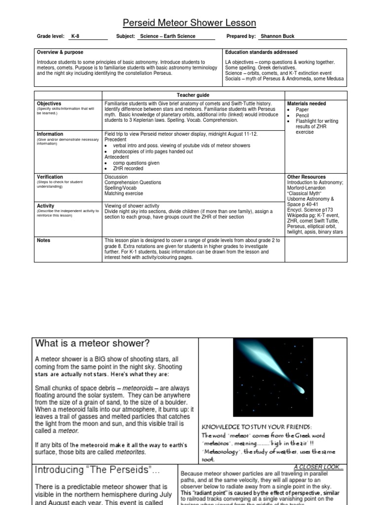 Perseid Meteor Shower for K-8 | PDF | Twilight | Meteoroid