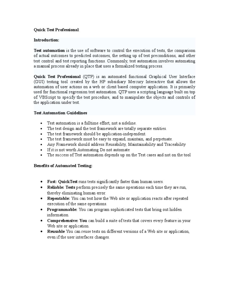 Quick Test Professional: Introduction: Test Automation Is The Use of ...
