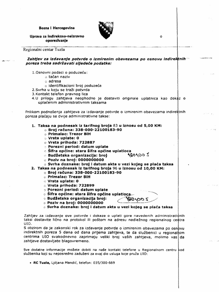 Zahtjev Za Izdavanje Potvrd o Izmirenim Obavezama Po Osnovu Indirektnih Poreza - Potrebna ...