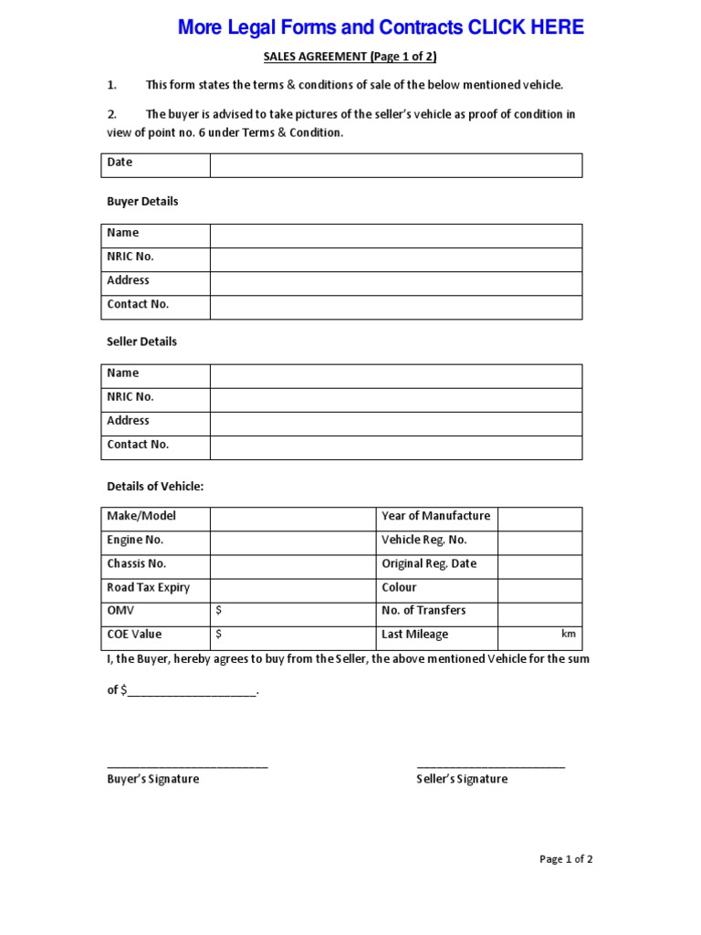 Car Sales Agreement Form | Sales | Car