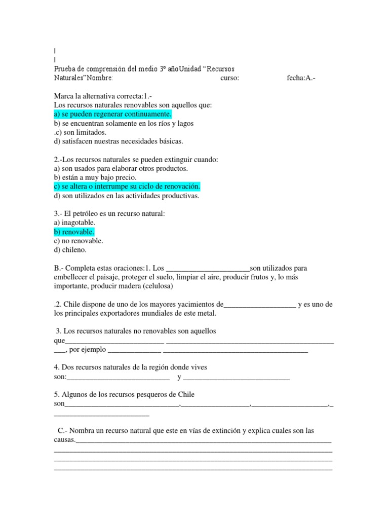 Prueba de Recursos Naturales y Artificiales | PDF | Los bosques ...