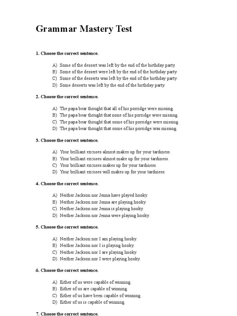 Grammar Mastery Test: 1. Choose The Correct Sentence | PDF | Voting