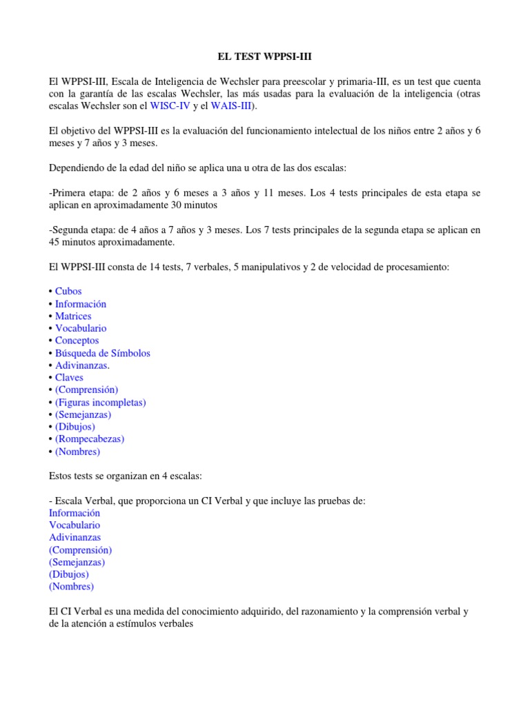 El Test Wppsi | PDF | Cociente de inteligencia | Dotamiento intelectual
