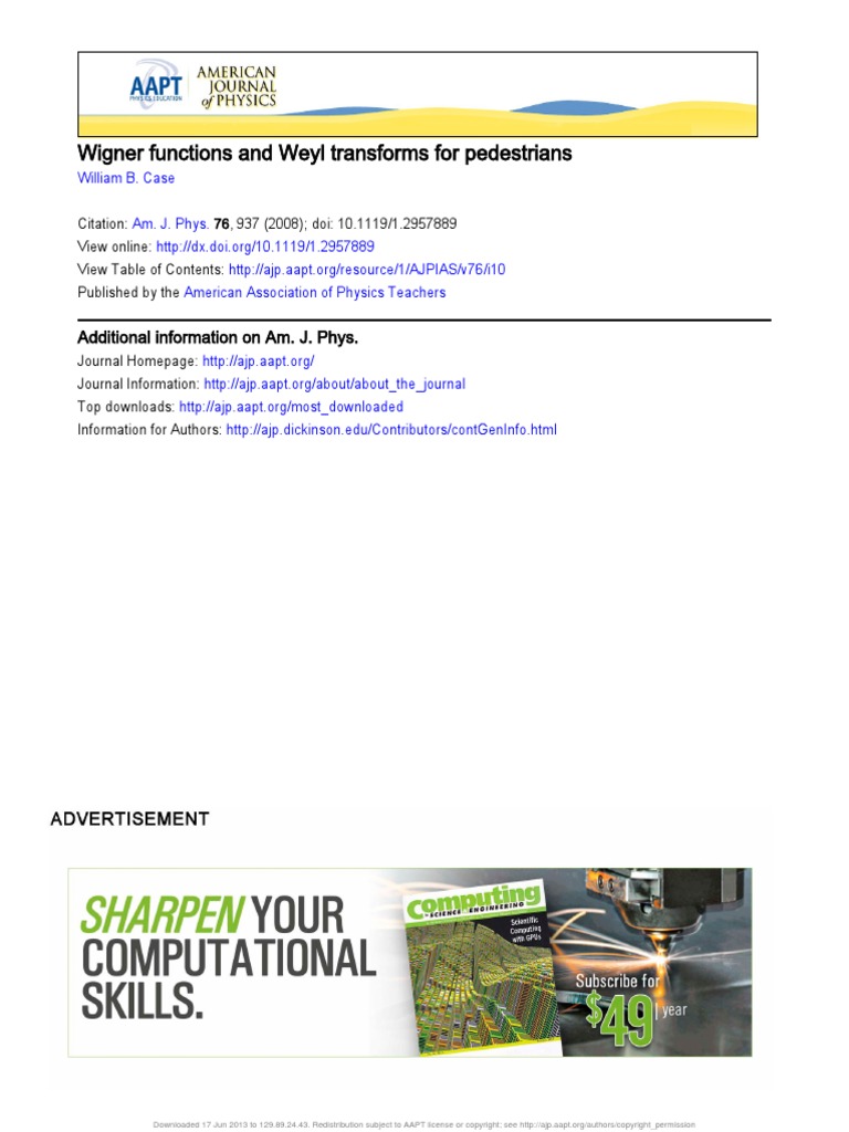 Wigner Functions and Weyl Transforms For Pedestrians | PDF | Quantum Mechanics | Wave Function