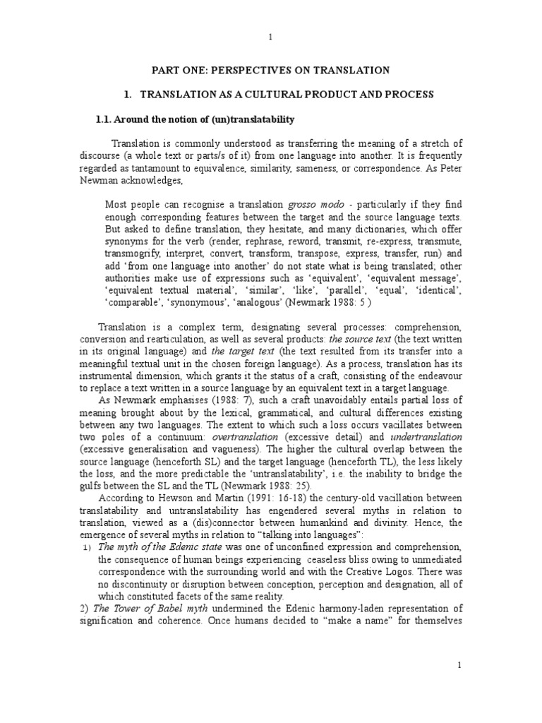 Part One: Perspectives On Translation 1. Translation As A Cultural ...