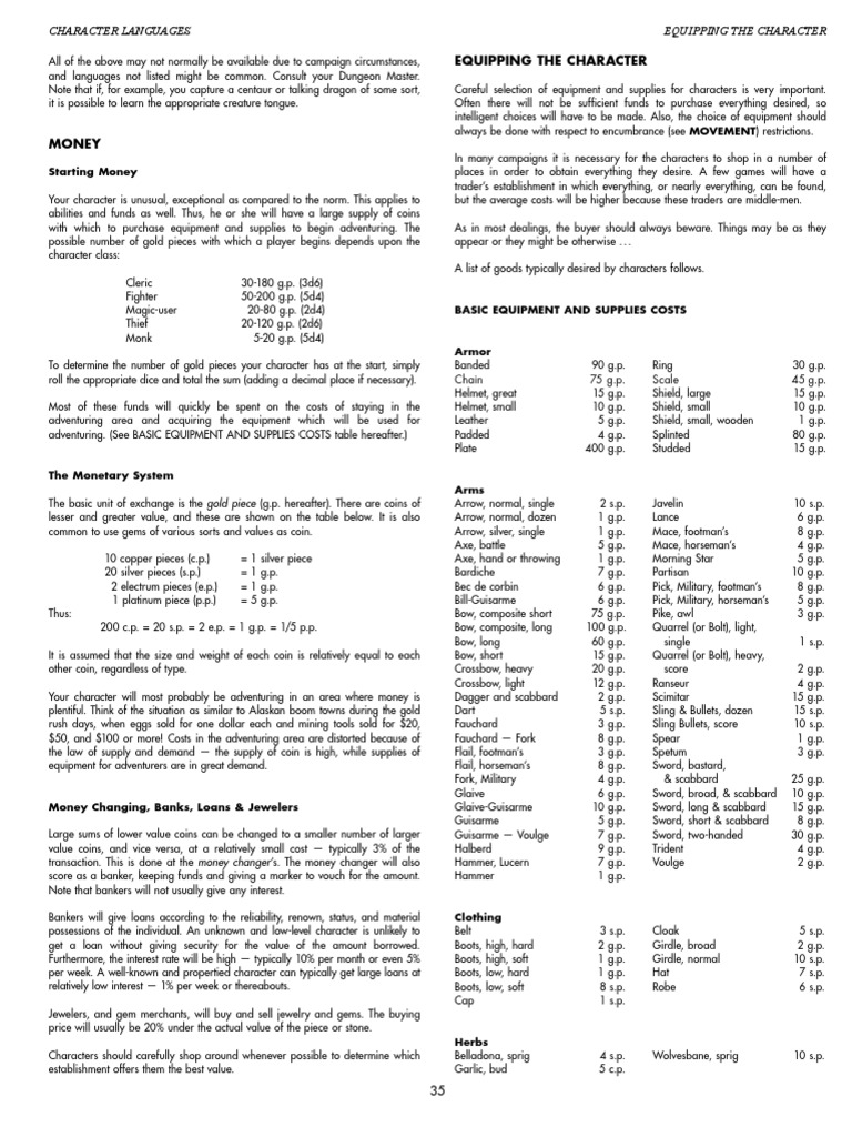 ADnD 1st Edition Gear List | PDF | Armour | Coins