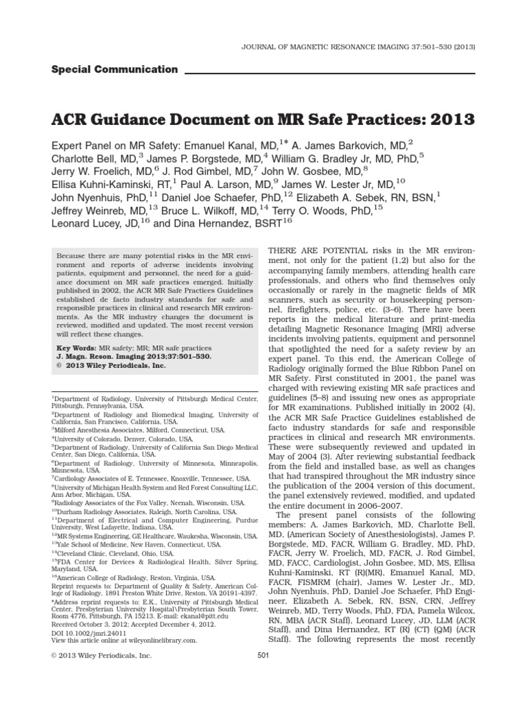 ACR Guidance Document On MR Safe Practices 2013 PDF | PDF ...