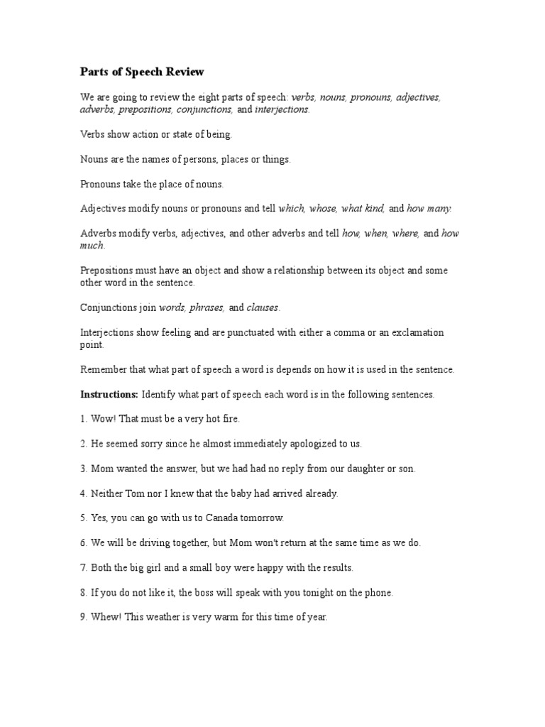 Parts of Speech Review Guide | PDF | Part Of Speech | Verb