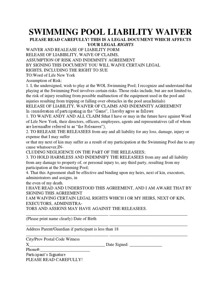Swimming Pool Liability Waiver | PDF | Waiver | Indemnity