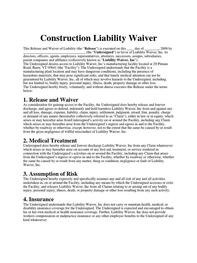 Construction Liability Waiver PDF | PDF