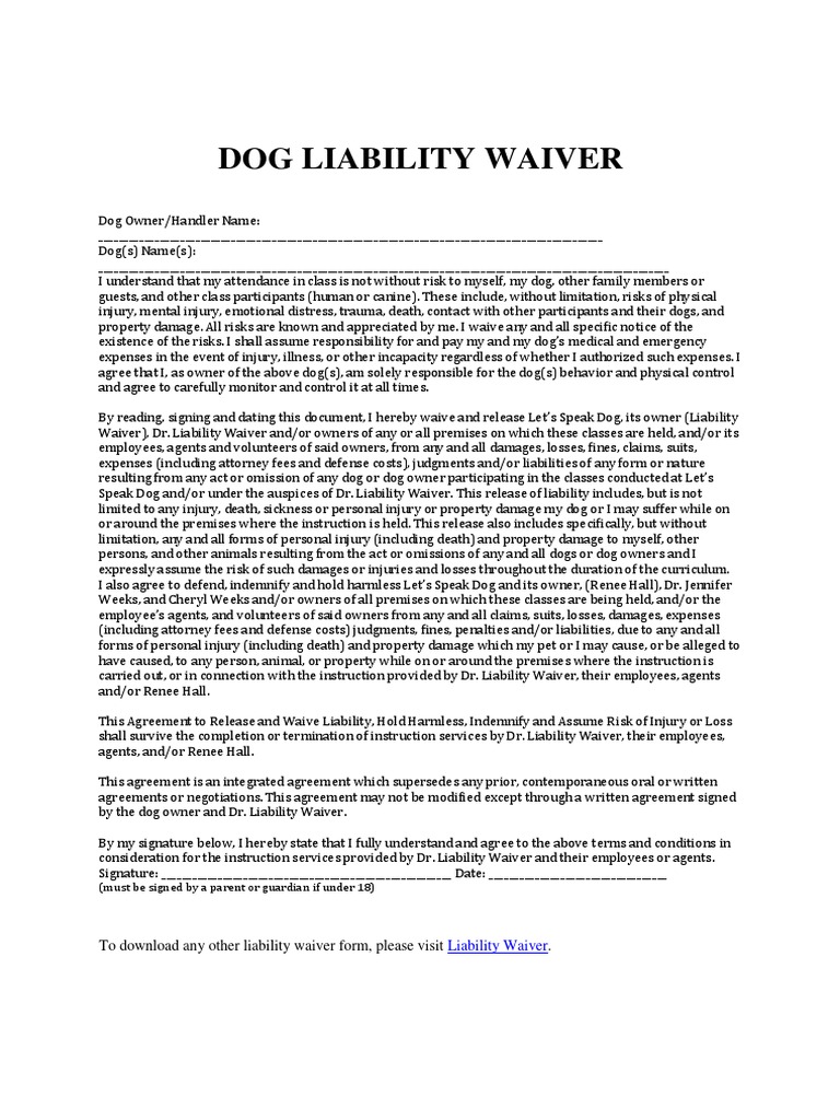Dog Liability Waiver Agreement | PDF | Indemnity | Damages