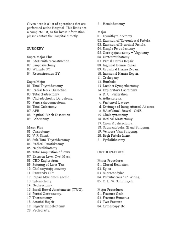 List of Operations | PDF | Surgery | Medical Procedures