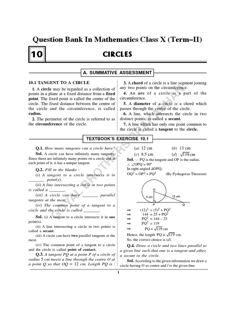 Question Bank Maths Class 10 Circles | PDF | Circle | Perpendicular