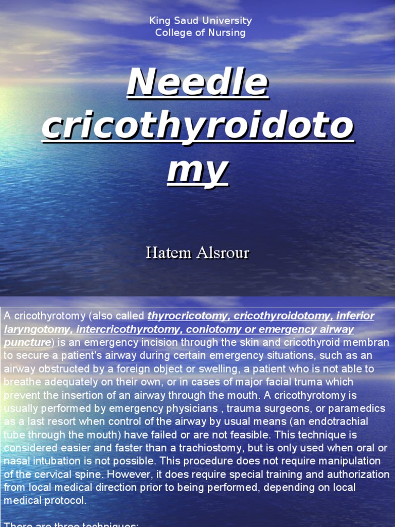 Needle Cricothyroidotomy | PDF | Clinical Medicine | Traumatology