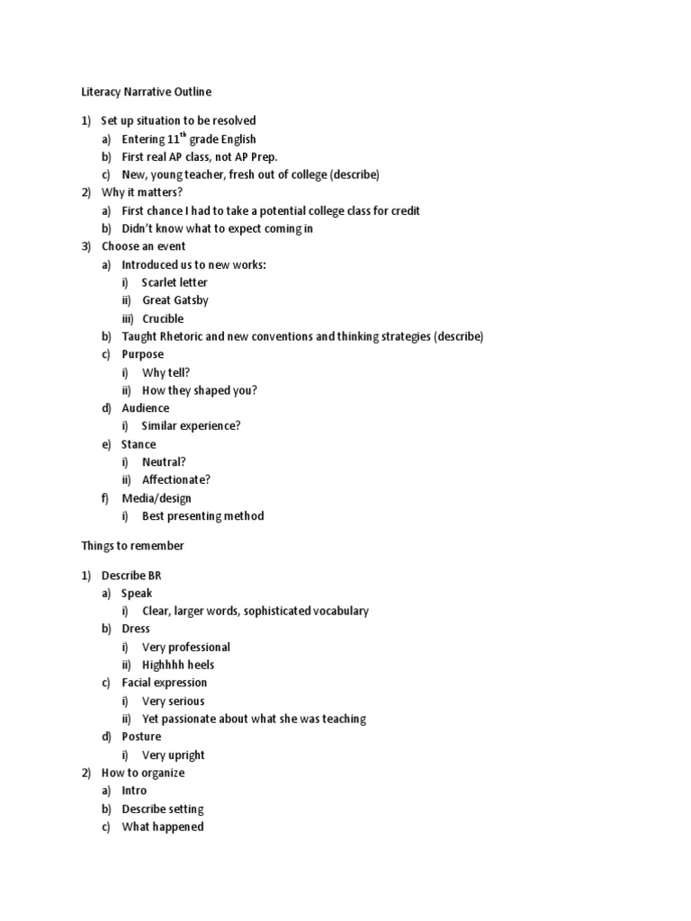 Revised Literacy Narrative Outline | PDF | Rhetoric | Communication