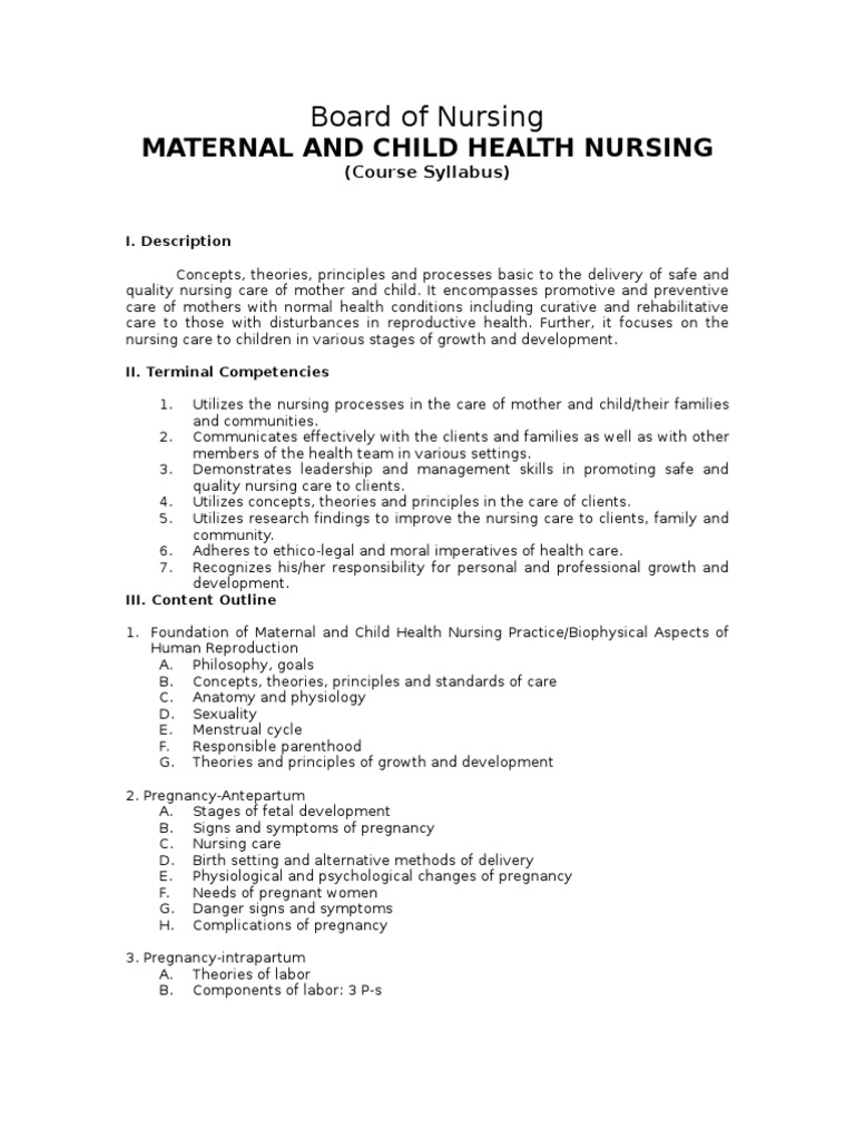 Course Syllabus for Maternal and Child Health Nursing | Childbirth ...