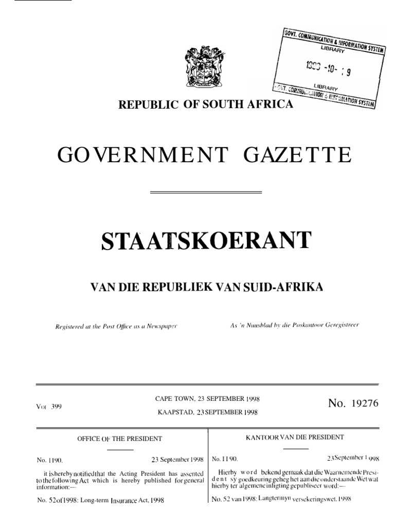 Long-Term Insurance Act 52 of 1998 | PDF | Reinsurance | Insurance