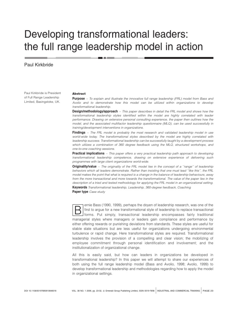 Developing Transformational Leaders Through Full Range Leadership Model ...