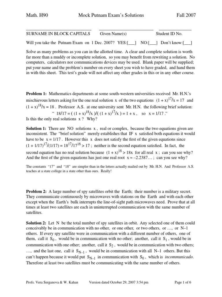 Math. H90 Mock Putnam Exam's Solutions Fall 2007 | PDF | Monotonic ...