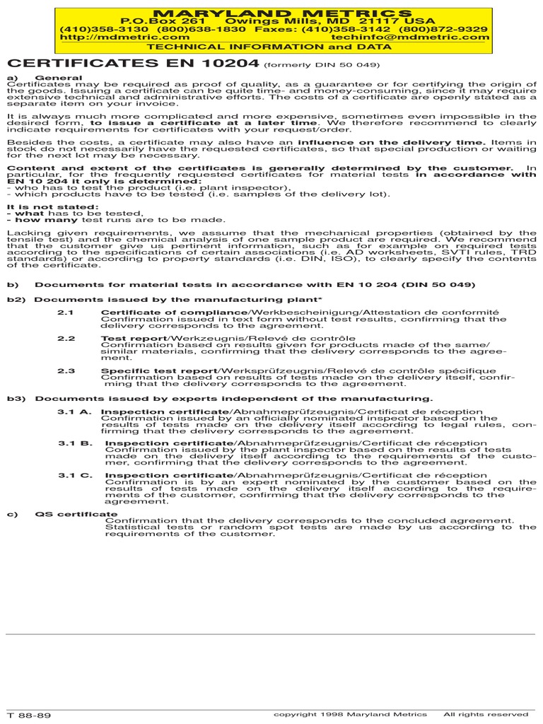 Inspection Certificate EN 10204 PDF | PDF