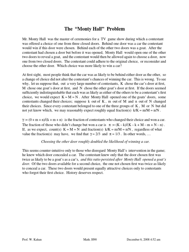 The "Monty Hall" Problem: Choosing The Other Door Roughly Doubled The ...