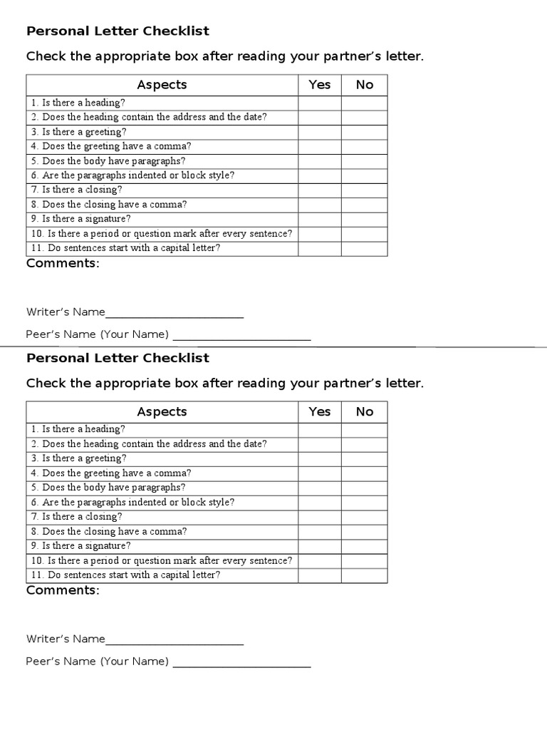 Personal Letter Writing Checklist | PDF | Paragraph | Text