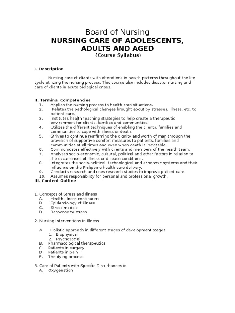 Course Syllabus For Nursing Care of Adolescents, Adults and Aged | PDF ...