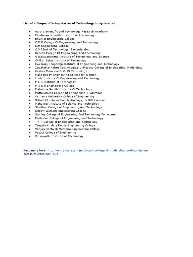 M.Tech Colleges in Hyderabad List | PDF | Computers
