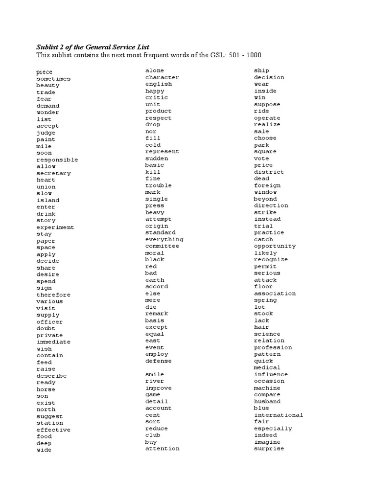 GSL Words 501-1000 Overview | PDF