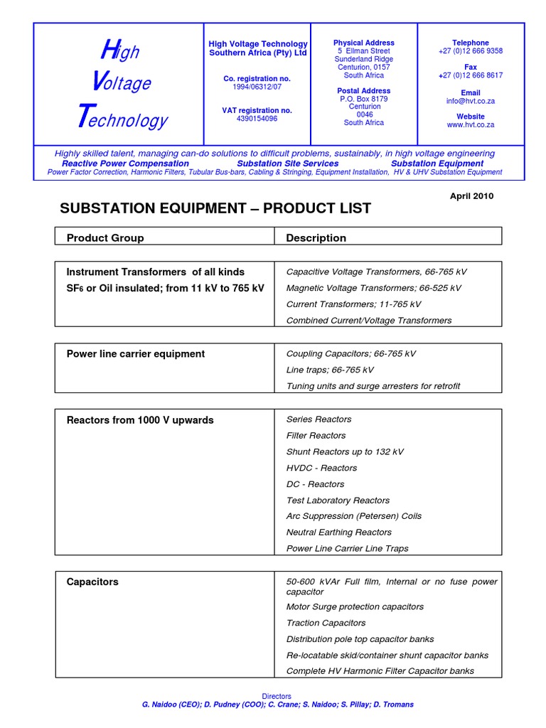 HVT Substation Equipment - Product List PDF | PDF | Electrical ...