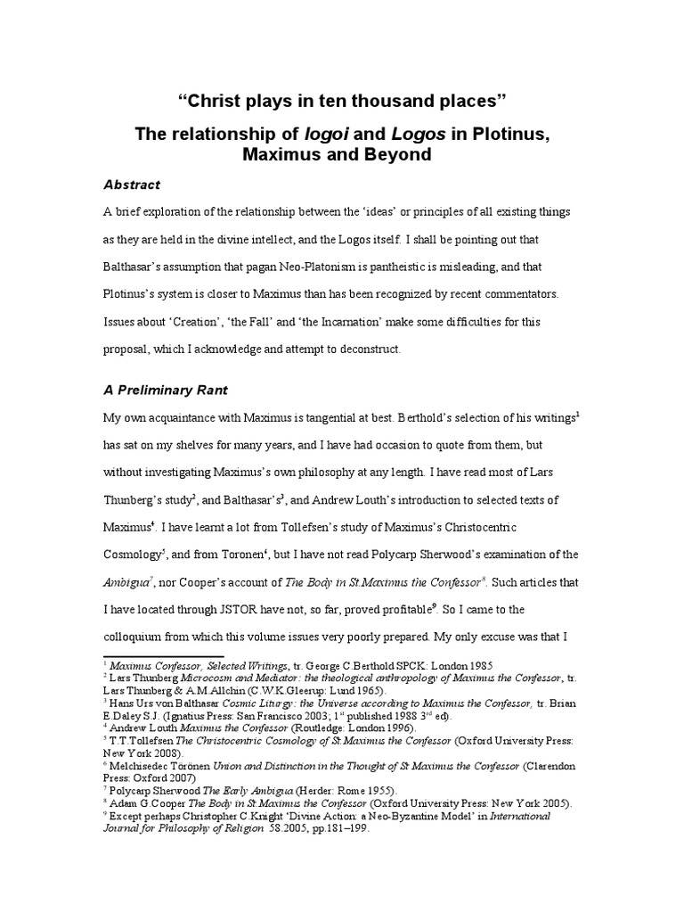 "Christ Plays in Ten Thousand Places" The Relationship of Logoi and ...