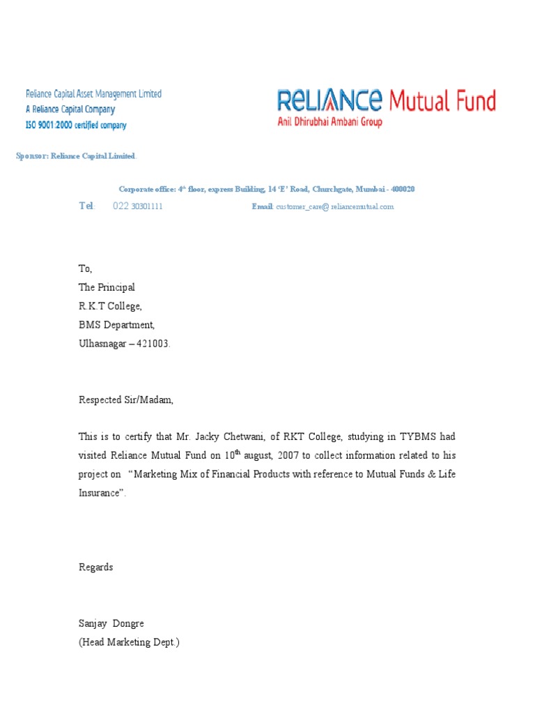 Letter Reliance | PDF | Career & Growth | Business