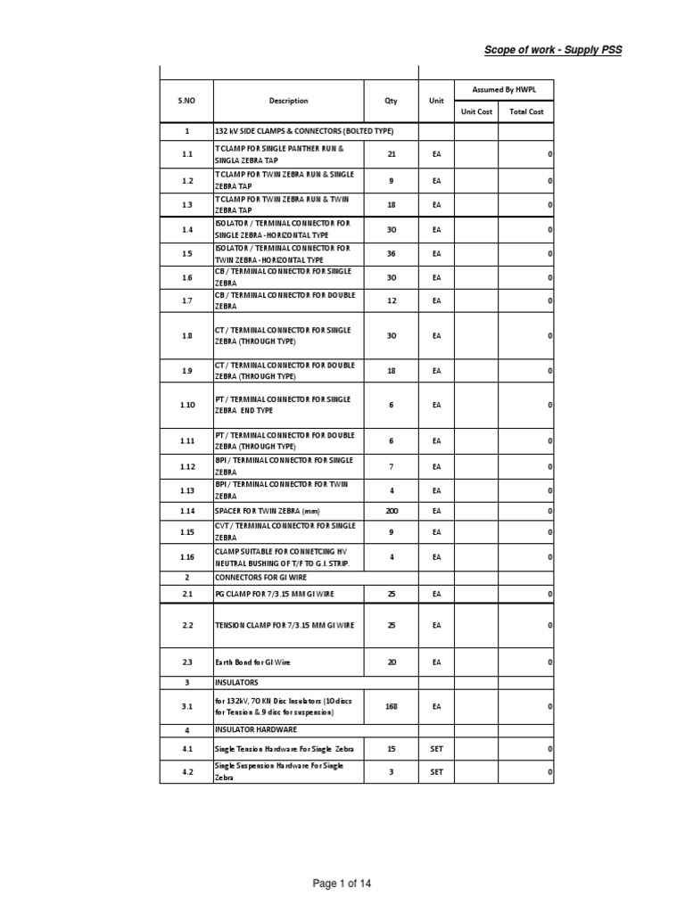 S.No Description Qty Unit Assumed by HWPL: Scope of Work - Supply PSS ...