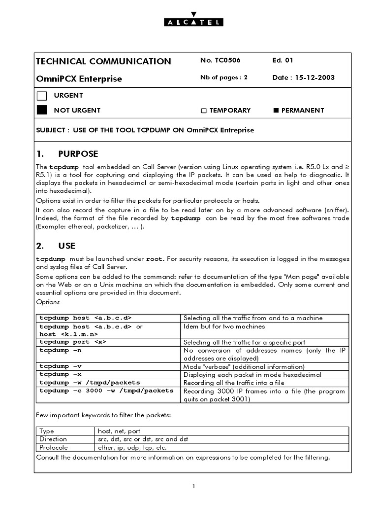 Technical Communication Omnipcx Enterprise: Tcpdump | PDF | Port (Computer Networking) | Network ...