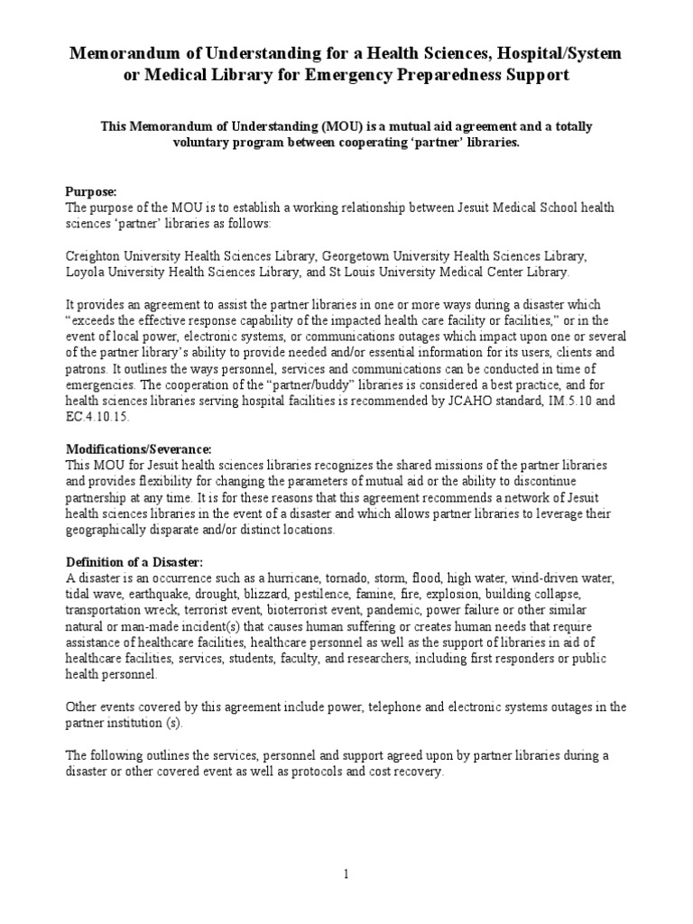 Memorandum of Understanding For A Health Sciences, Hospital/System or ...