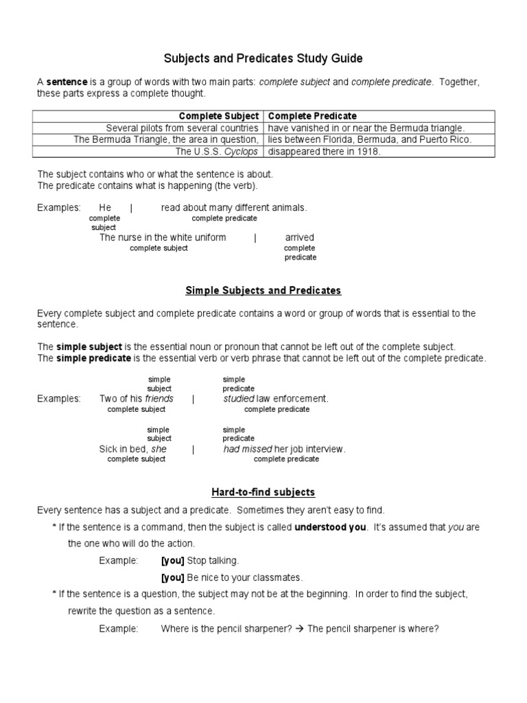 Subjects and Predicates Study Guide | PDF