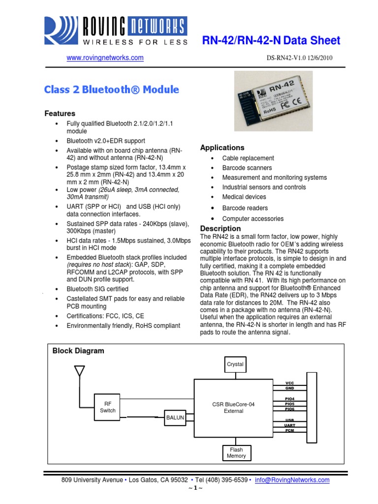 RN-42/RN-42-N Data Sheet: Class 2 Bluetooth® Module | Bluetooth | Data ...