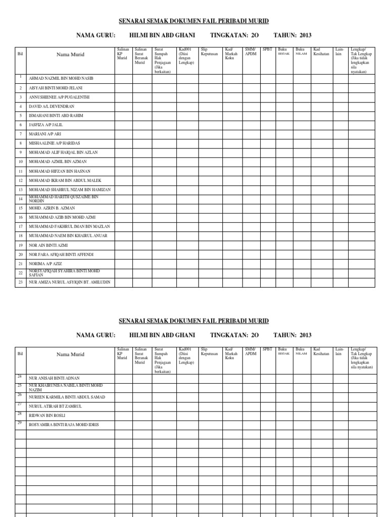 Senarai Semak Dokumen Fail Peribadi Murid | PDF