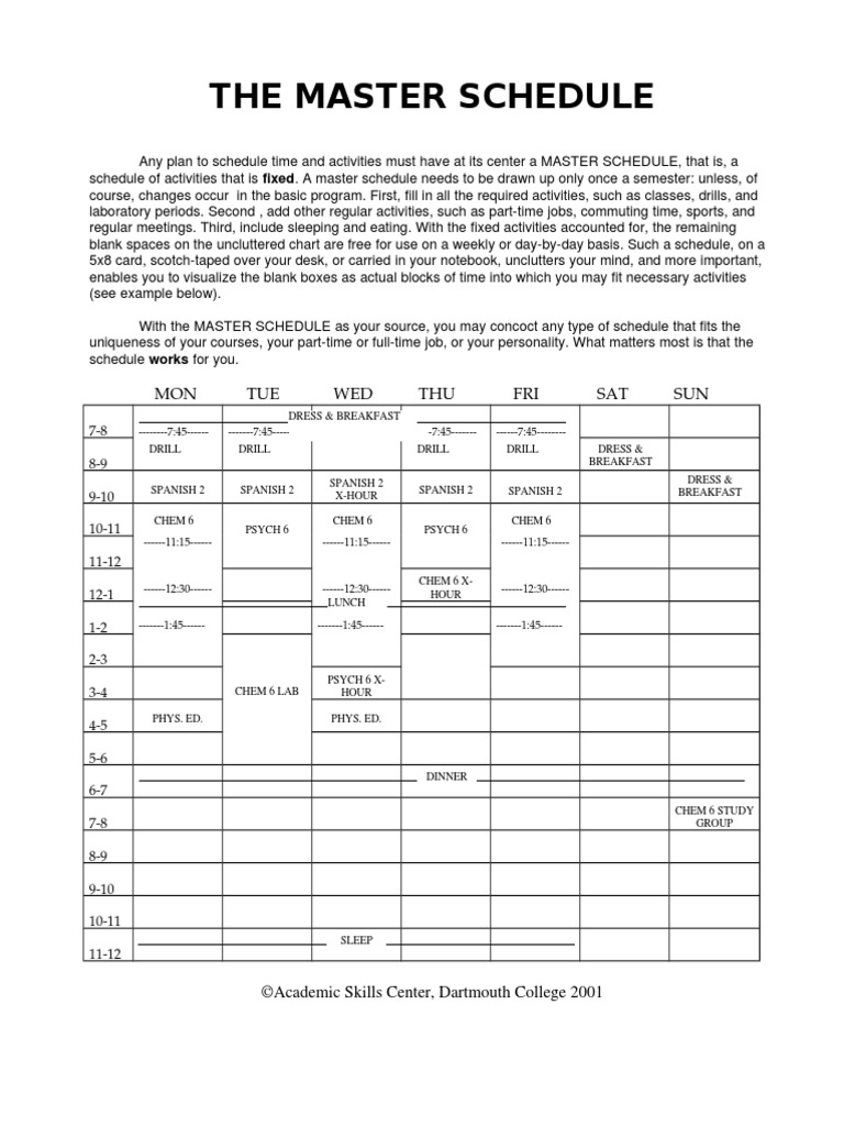 The Master Schedule: Mon Tue Wed Thu Fri Sat Sun | PDF