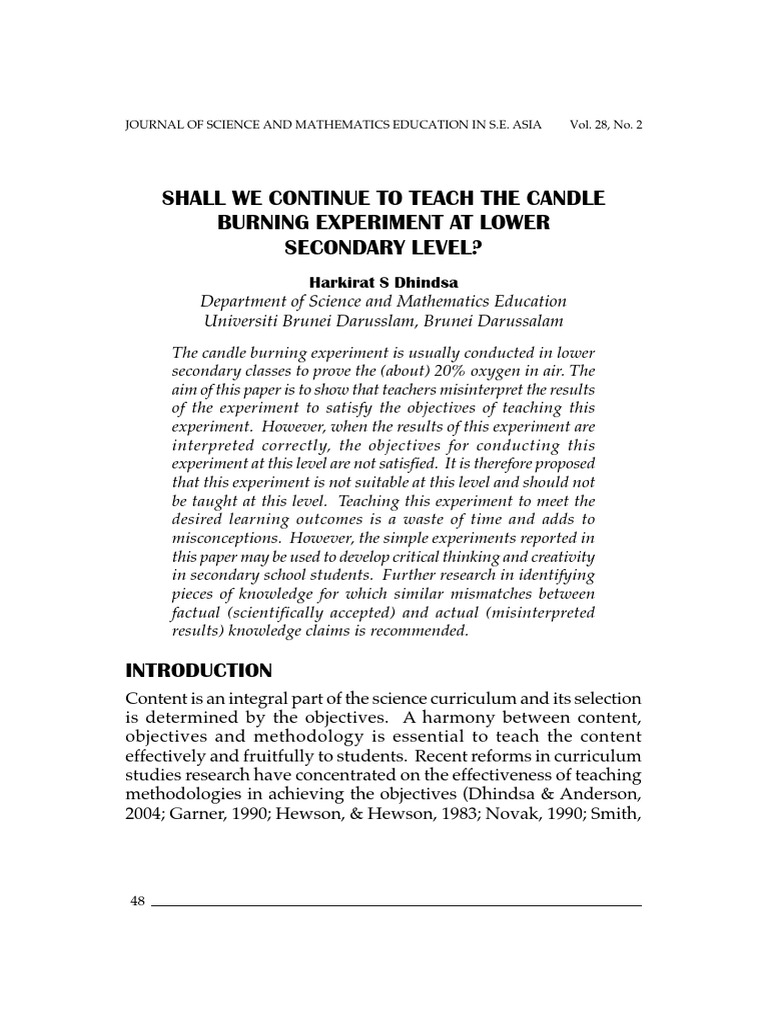 Shall We Continue To Teach The Candle Burning Experiment at Lower ...