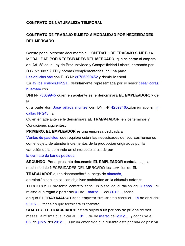 Contrato de Trabajo Sujeto A Modalidad Por Necesidades | PDF | Derecho laboral | Legislación