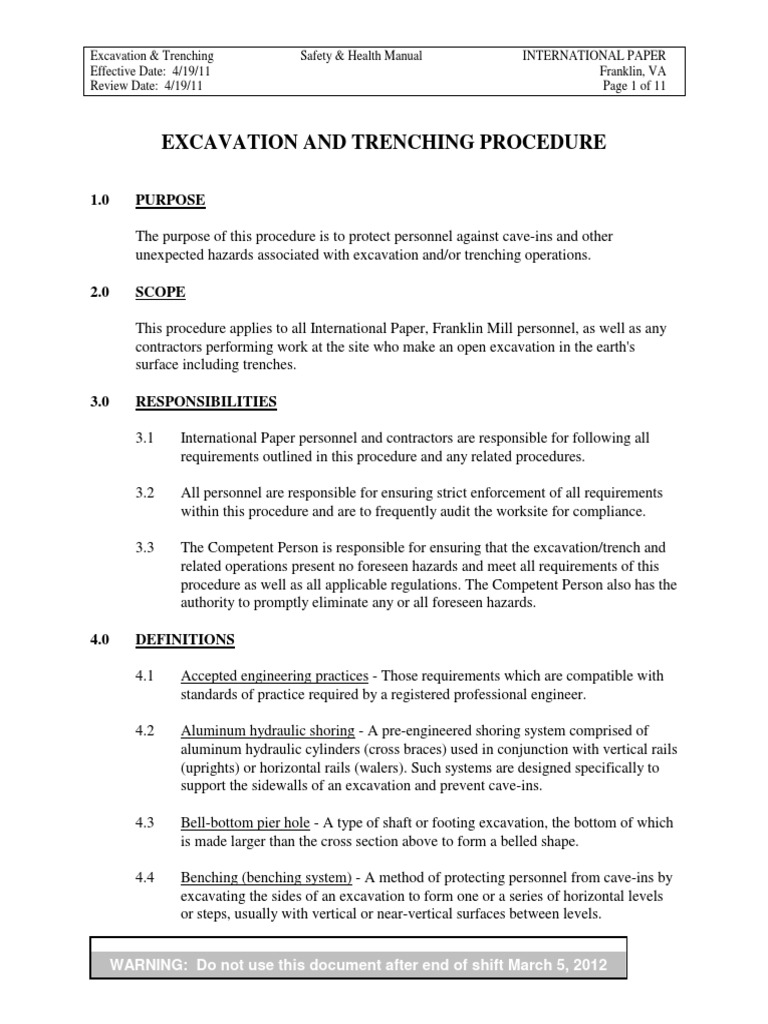 Excavation and Trenching Procedure: 1.0 Purpose | PDF | Technology ...
