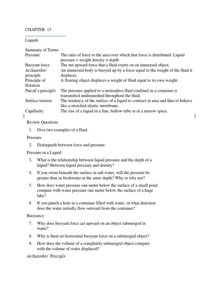13 Liquids Questions & Answers | PDF | Buoyancy | Pressure