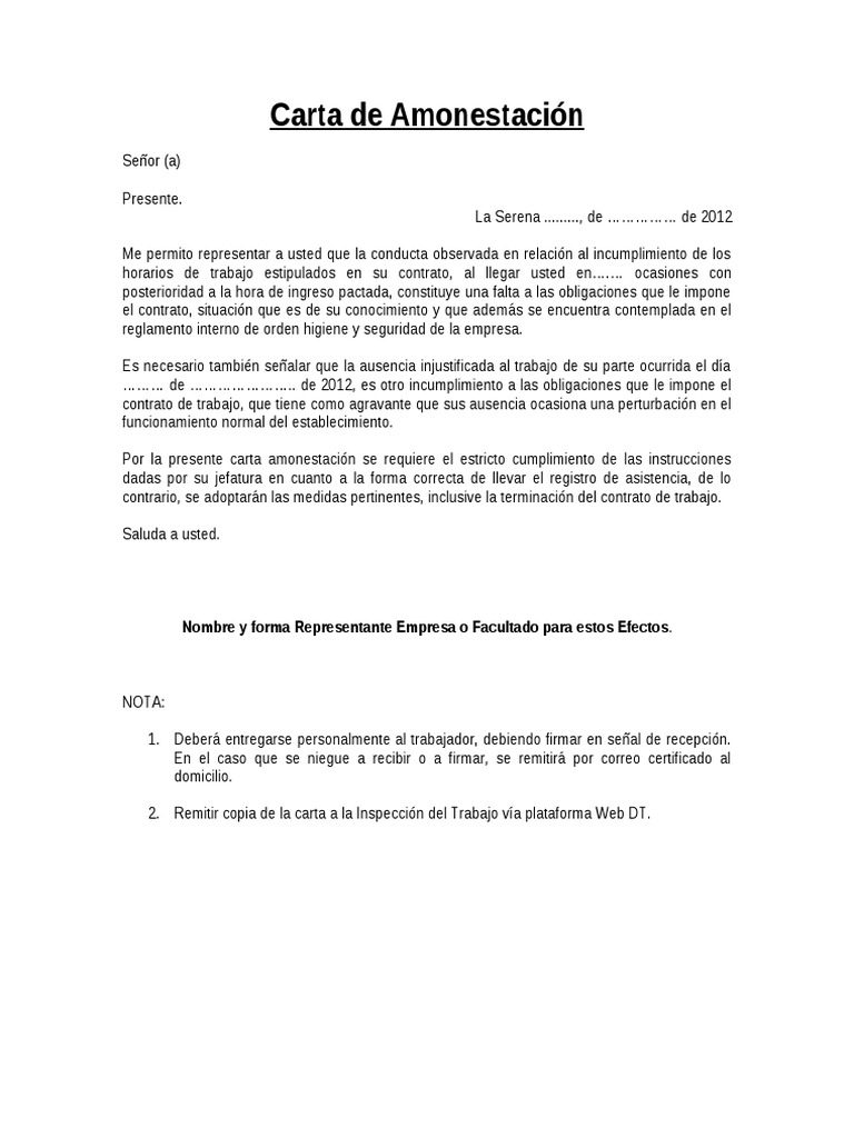 Modelo De Carta De Amonestacion Por Incumplimiento De