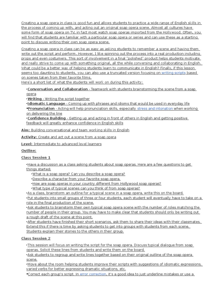 Create Soap Opera Scenes in ESL Class | PDF | English Language ...